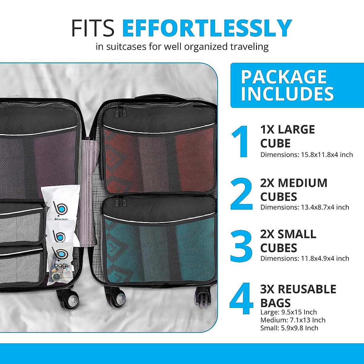 bago 8 Pcs Packing Cubes for Suitcases - 5 Travel Cubes with 3 ZipLock Bags - Luggage Organizer Bags to Get Maximum Storage, Save Time & Effort to Pack - Happy Traveling (Green Red Purple Yellow)