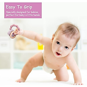 Vicloon Baby Teether Toys, Silicone & Natural Wood Teether Ring, Baby Teething Toys for Babies 0 Months, Silicone Chewable Rings for Newborn Gift（Pink）