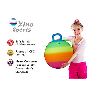Xino Sports Hopping Ball for Kids, Bouncy Ball for Kids, Amazing Space Hopper Ball, Jumping Ball with Handle, 18 Inch Diameter, Kids Outdoor Toys (Rainbow)