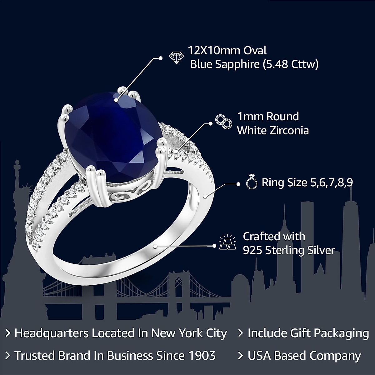 Gem Stone King 925 Sterling Silver Blue Sapphire Ring For Women (5.48 Cttw, Oval 12X10MM, Gemstone September Birthstone, Available In Size 5, 6, 7, 8, 9)