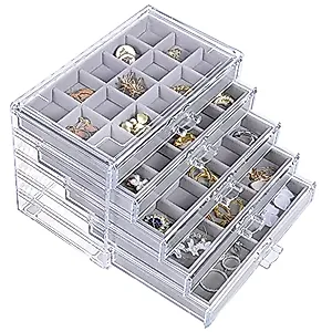misaya Earring Jewelry Organizer with 5 Drawers, Birthday and Christmas Gift, Clear Acrylic Jewelry Box for Women, Velvet Earring Display Holder for Earrings Ring Bracelet Necklace, Gray