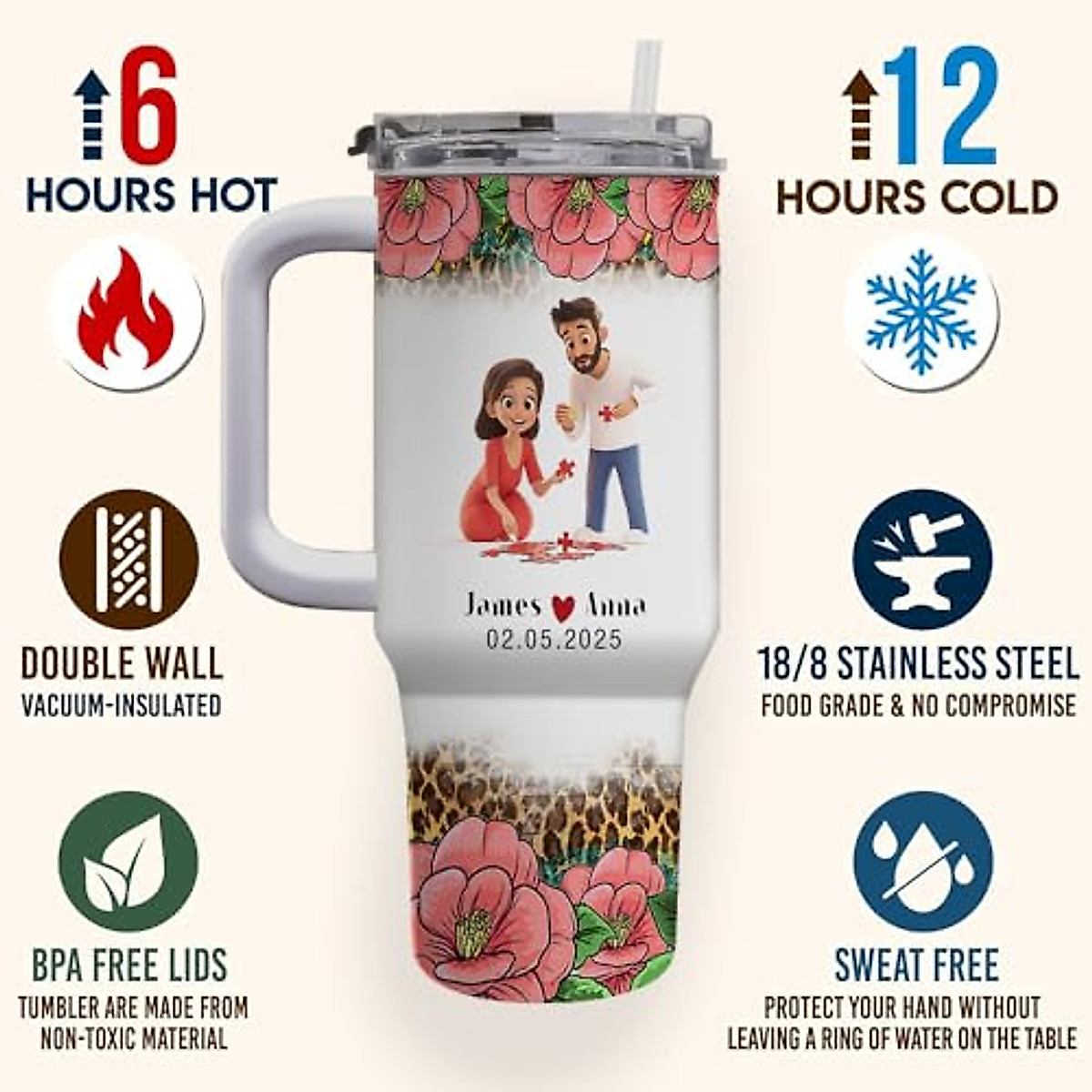 Personalized 40oz Tumbler with Handle – Valentine's baking-Custom Couple Gift for Anniversary Wedding Gift, Birthday, Mother's Day, Valentine’s Day BH83f0
