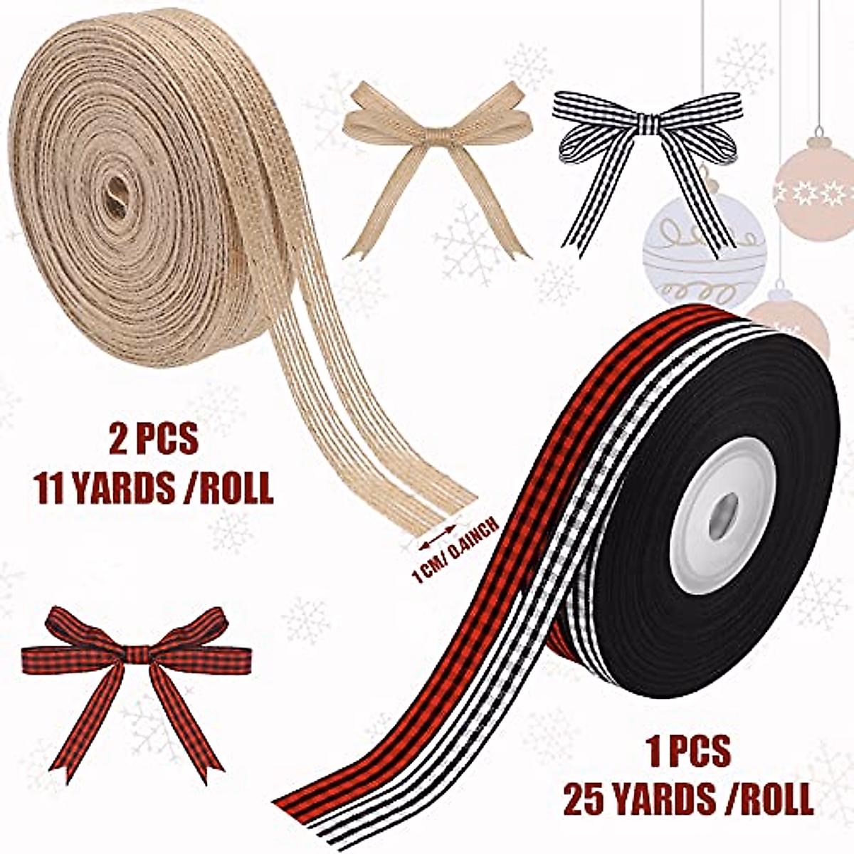 Christmas Ribbons Black Red Buffalo Plaid Fabric Ribbon Black and White Checked Gingham Ribbon 25 Yards Natural Burlap Ribbons Rustic Wrapping Ribbon for DIY Craft Party Decor (0.4 Inch)