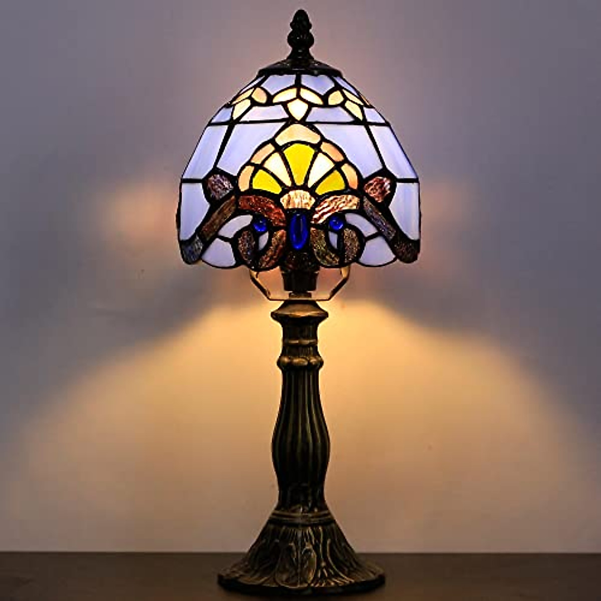 RHLAMPS Small Tiffany Lamp Mini Accent Table Lamp Blue Stained Glass Baroque Style Desk Memory Lamp Sympathy 6X14.6 Inch
