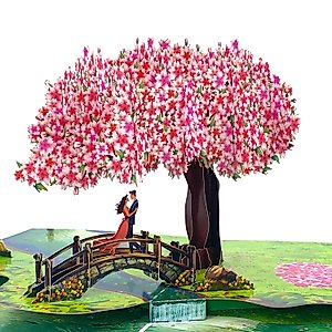 NORVAS Pop Up Anniversary Cards 3D Cherry Blossom Bridge with Couple in Love, Romantic Greeting Card for Wife, Husband, Her, Him, Wedding Card, Happy Valentine’s Day, 6"x 8" Happy Mother’s Day Pop Up Card