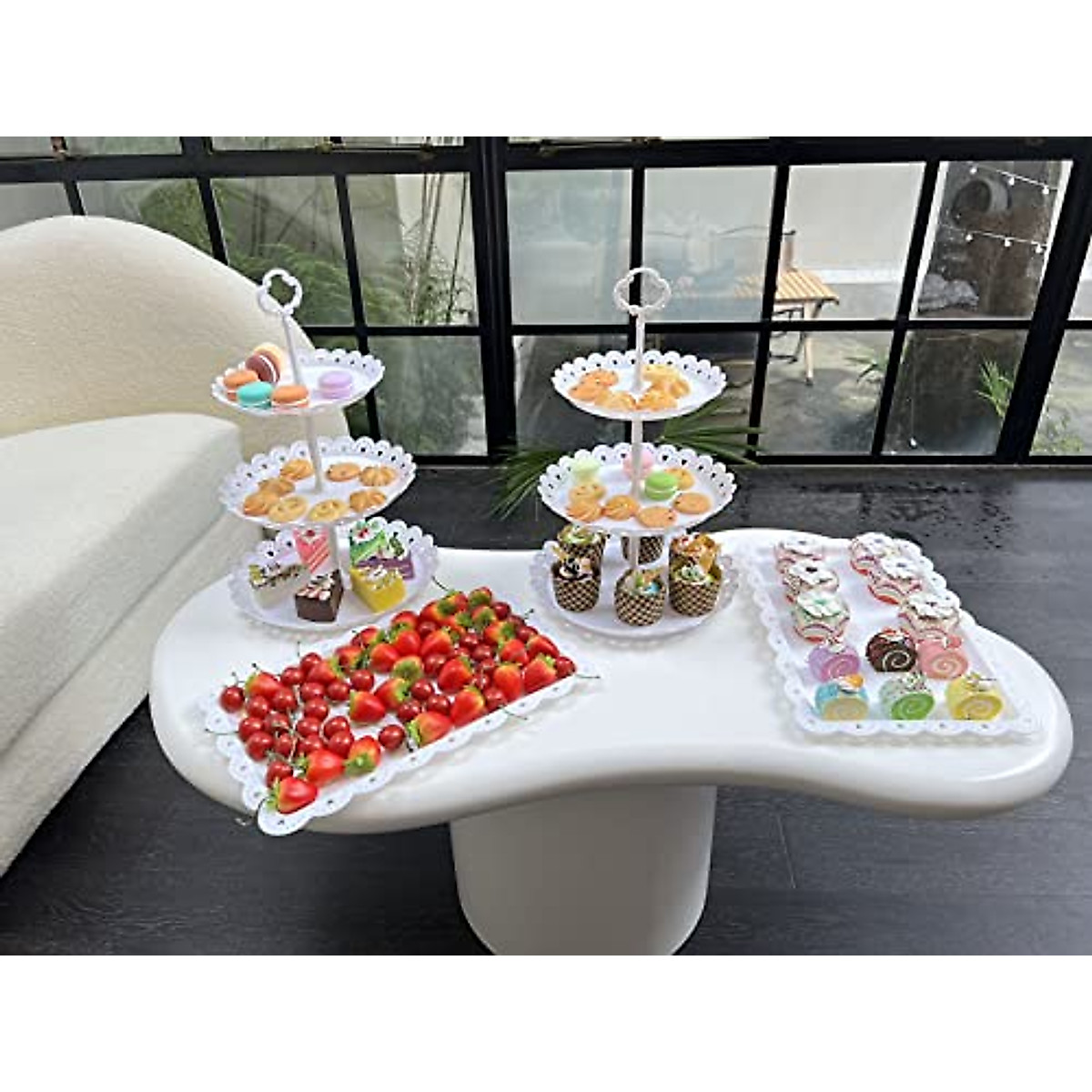 Set of 4 Dessert Stand Set, 3 Tiers White Plastic Cupcake Stand Holder & Rectangle Plastic Party Serving Trays/Platters for Wedding Birthday Baby Shower Tea Party Buffet