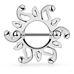 Pair of Sun Tribal Nipple Shield Ring 14K Gold Plated on Surgical Steel Barbell - Silver