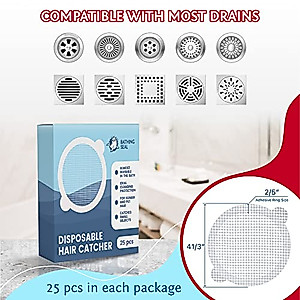 Disposable Drain Hair Catcher Stickers for Shower, White Mesh Stickers 4.3'', 25 PCS, Sticky Covers, Shower Drain Protector, Anti-Blockage