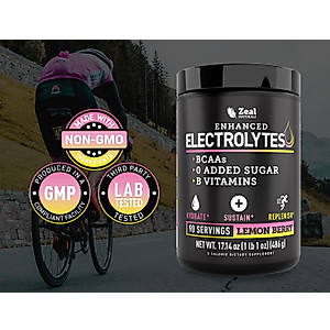 Zeal Naturals Electrolyte Powder Recovery Drink (90 Servings | Lemon Berry) w/ 0 Sugar +BCAAs +B-Vitamins Electrolyte Supplement w Potassium Zinc & Magnesium for Hydration - Keto Electrolytes