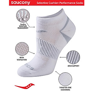 Saucony Women's RunDry Performance 6, 12 Selective Cushion Socks, S-L, White Basic (6 Pairs), Medium