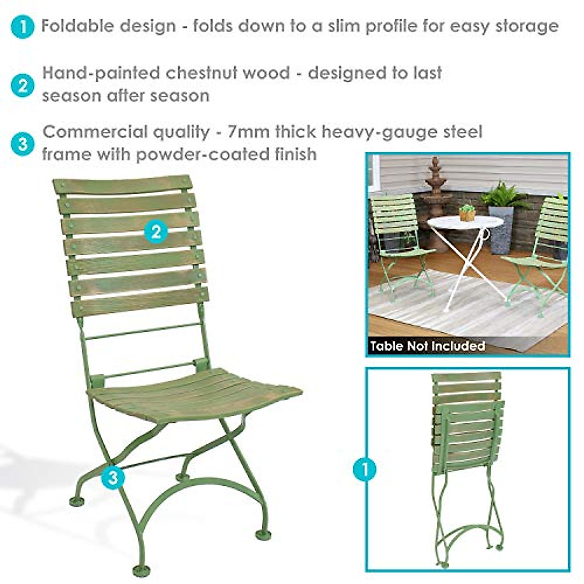 Sunnydaze Cafe Couleur European Chestnut Wooden Folding Bistro Chair - Portable, Compact Side Chair - Indoor or Outdoor Use - Patio, Deck, Balcony, Camping and Spare Seating - Green - Set of 2