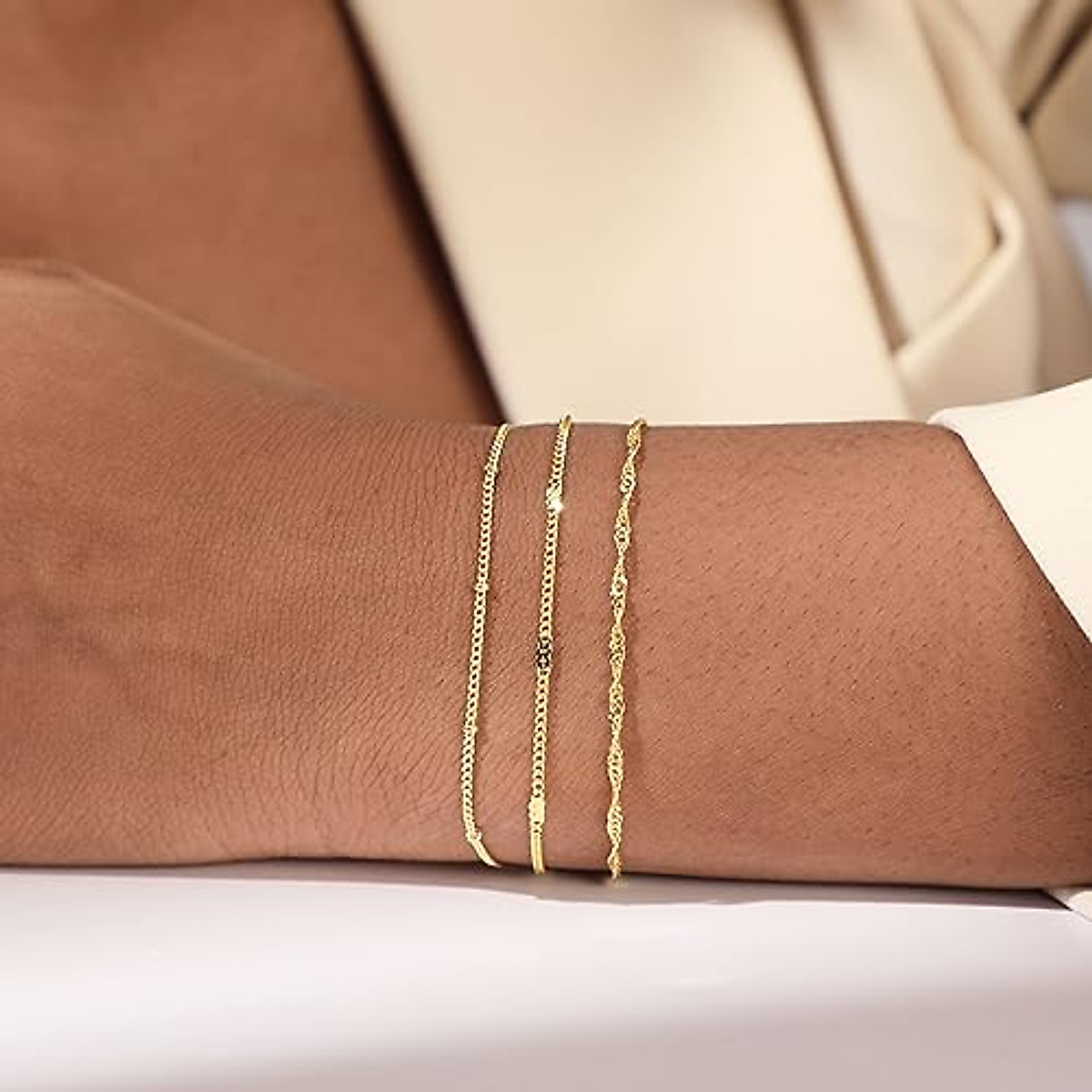 Sewyer Gold Dainty Bracelet Set for Women 14K Gold Filled Layering Chain Bracelets Stacked Bracelets Simple Set Jewelry Gift
