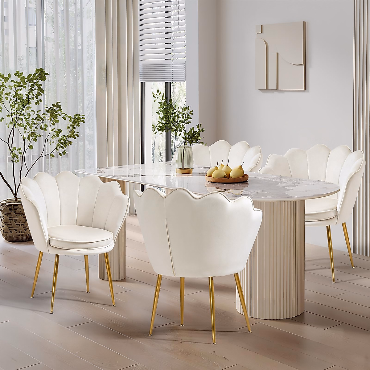 ZJhome Modern Accent Velvet Chairs Set of 2 Comfy Upholstered Vanity Chairs for Bedroom Shell-Shaped Armchair Dining Chairs with Golden Metal Legs Desk Chair Makeup Chairs for Living Room(Beige)