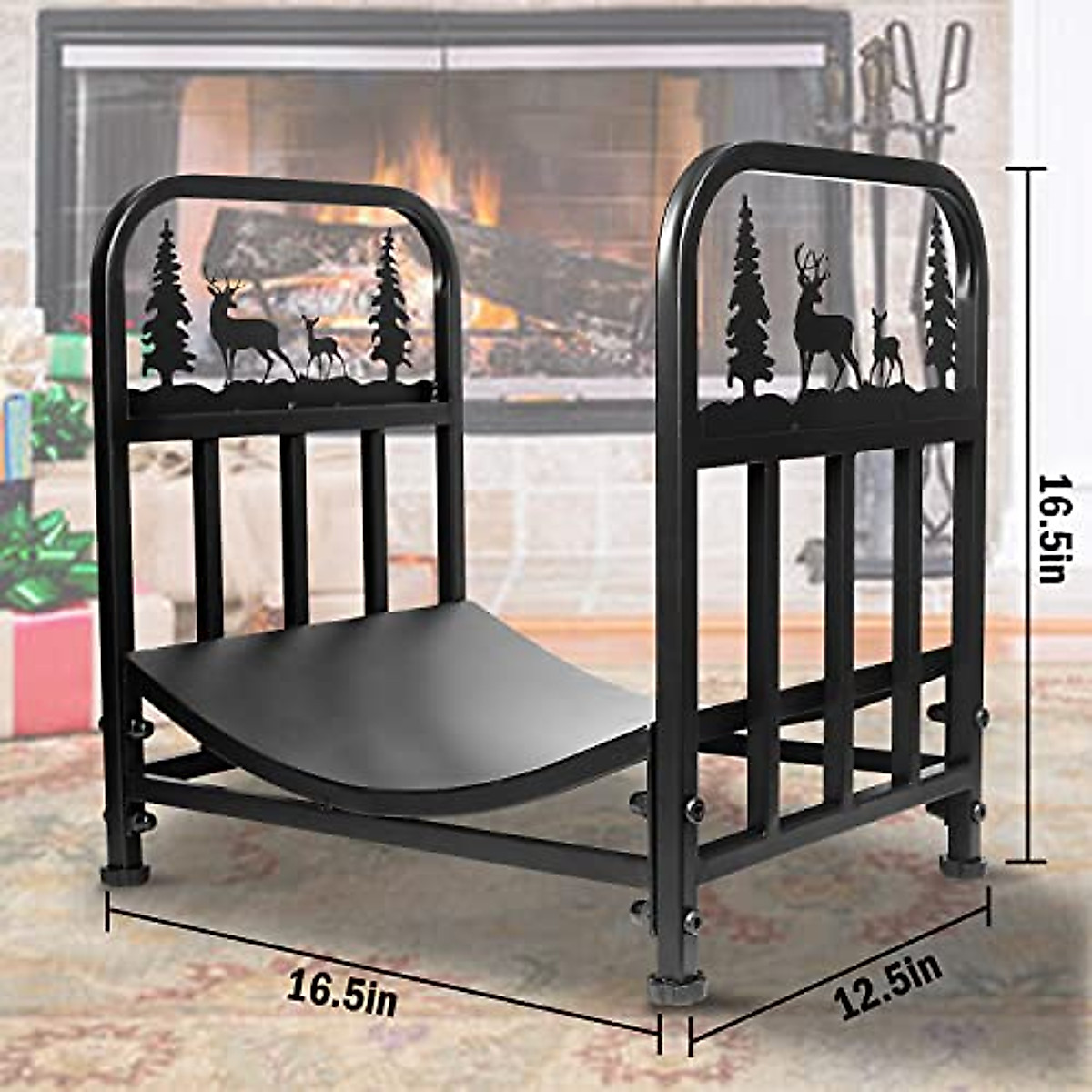 Firewood Rack Outdoor-Heavy Duty Indoor Wood Storage Black Powder Coated Steel Log Rack Wood Holder for Fireplace,Patio, Wood Pile Storage Stacker Organizer with Christmas Elements