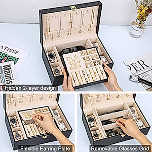 LANDICI Jewelry Box Organizer for Women Girls, Large 2 Layer Men Watch Case with Removable Tray, PU Leather Jewellery Storage Holder Display for Watches Sunglasses Rings Earrings Necklace, Black