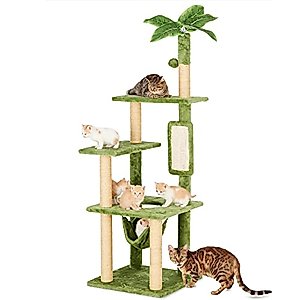 TSCOMON 55" Cat Tree for Indoor Cats with Green Leaves, Multi-Level Large Cat Tower for Indoor Cats with Hammock, Plush Cat House with Hang Ball Toy and Cat Sisal Scratching Posts Cat Furniture, Green