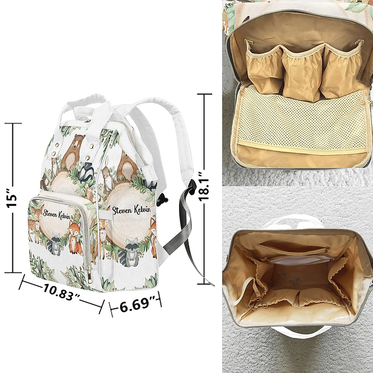 Woodland Animals Forest Leaves Personalized Diaper Backpack with Name,Custom Travel DayPack for Nappy Mommy Nursing Baby Bag One Size