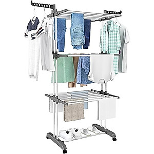 ULTRALED Clothes Drying Rack,3 Tier Rolling Dryer Clothes Hanger,Collapsible Garment Laundry Rack with Foldable Wings and Casters Indoor/Outdoor,Large Standing Rack Stainless Steel Hanging Rods