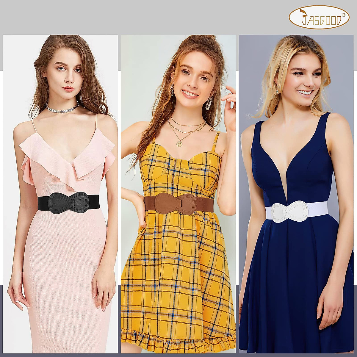 JASGOOD Women Stretchy Belt for Dresses Vintage Elastic Wide Waist Belt, D-Black+White+Brown