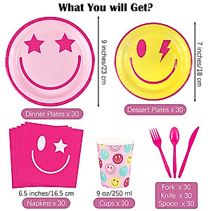 durony 210 Pieces Preppy Smiley Face Party Tableware Set Paper Smile Face Plates Napkins Paper Cups Cutlery for Preppy Birthday Party Supplies Baby Shower Decor, Serve 30 Guest