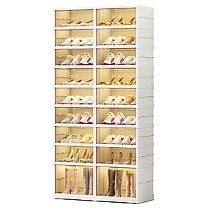 EHAMILY 9 Tier Foldable Shoe Rack Organizer for Closet 18-36Pairs Plastic Collapsible Shoe Shelf for front door entrance Stackable Clear Folding Shoes Storage Boxes Tall Shoe Cabinet