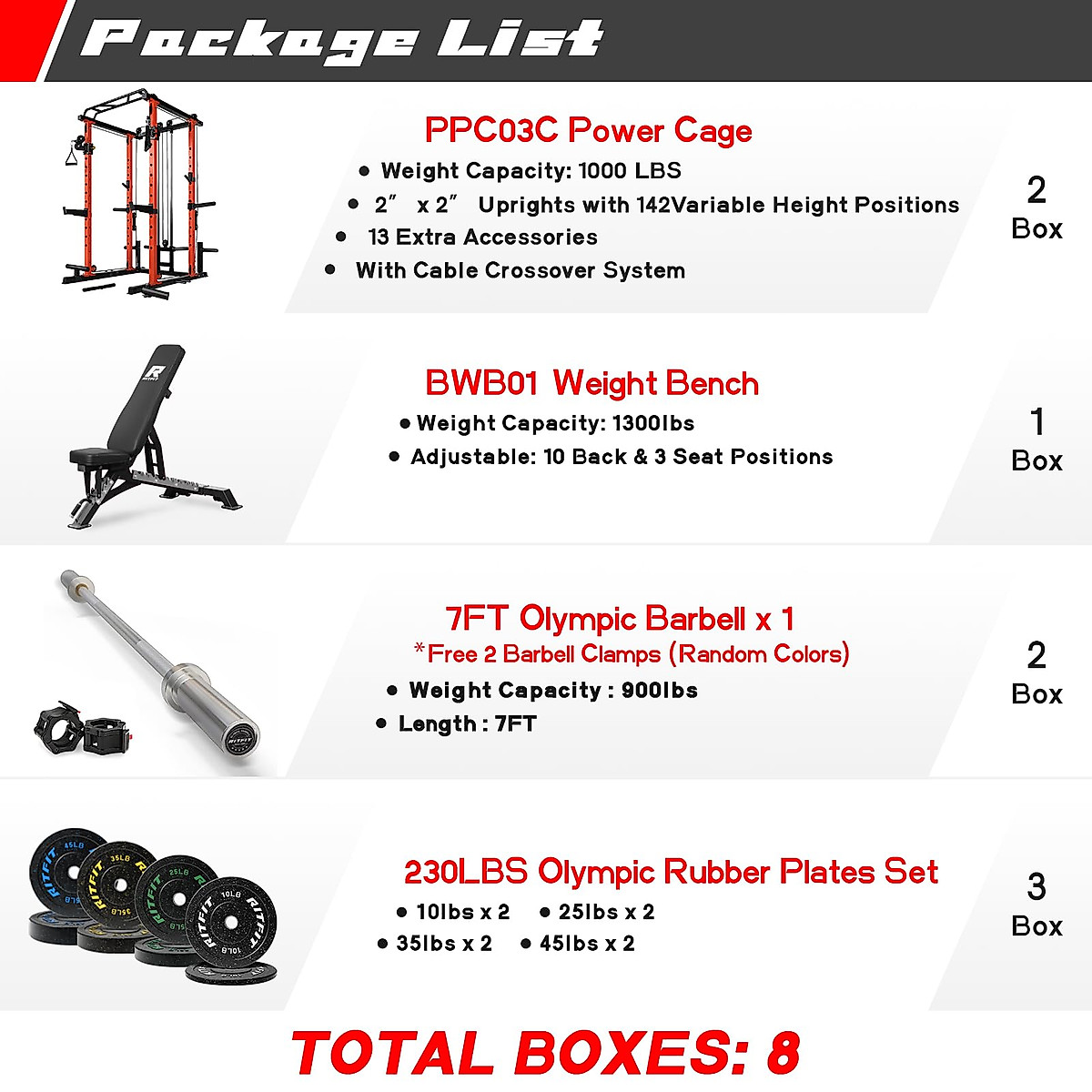 RitFit Squat Rack Power Cage Home Gym Package, Includes 1000LBS Power Rack with Cable Crossover System, Weight Bench, Weight Plate Set with Olympic Barbell (Package 1.6K (Bumper Plate 230LBS))-Orange