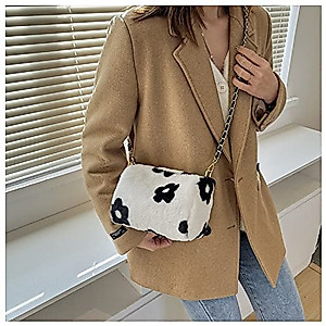 Fluffy Plush Crossbody Shoulder Bag with Chain, Y2K Flower Printed Underarm Bag Cute Furry Handbag Purse (White_A)