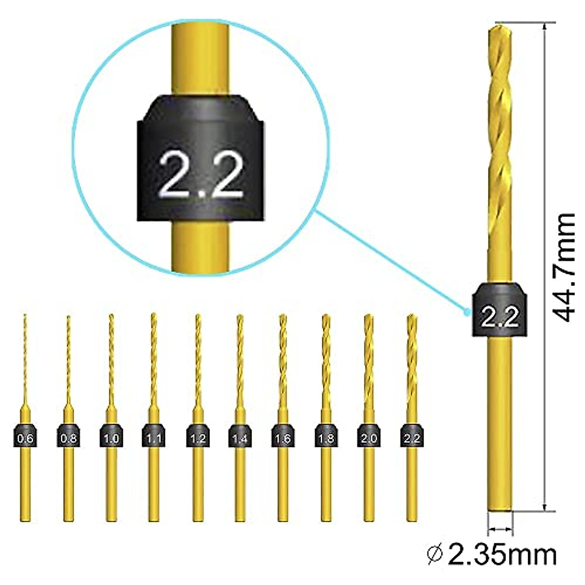 ARROWMAX Mini Twist Drill Bits Set, Size Marked, 0.6mm-2.2mm, Titanium Coated High Speed Steel Micro Drill Bits, 3/32-Inch Shank, Hole Drilling Tool for DIY, Jewelry, Amber, Beads, Aluminum, Copper, Wood (SetA)