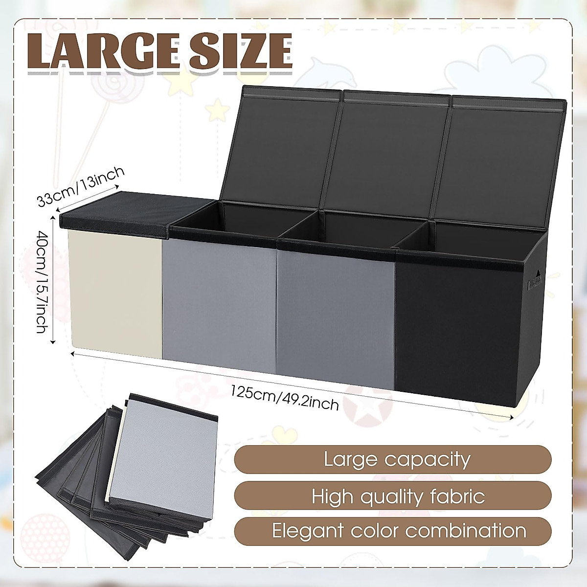 Patelai Extra Large Toy Box Chest 3/4 Dividers Collapsible Sturdy Storage Bins with Lid and Handles Storage Organizer for Living Room Playroom Bedroom Nursery(Black, White, Gray,49.2 x 13 x 15.7'')