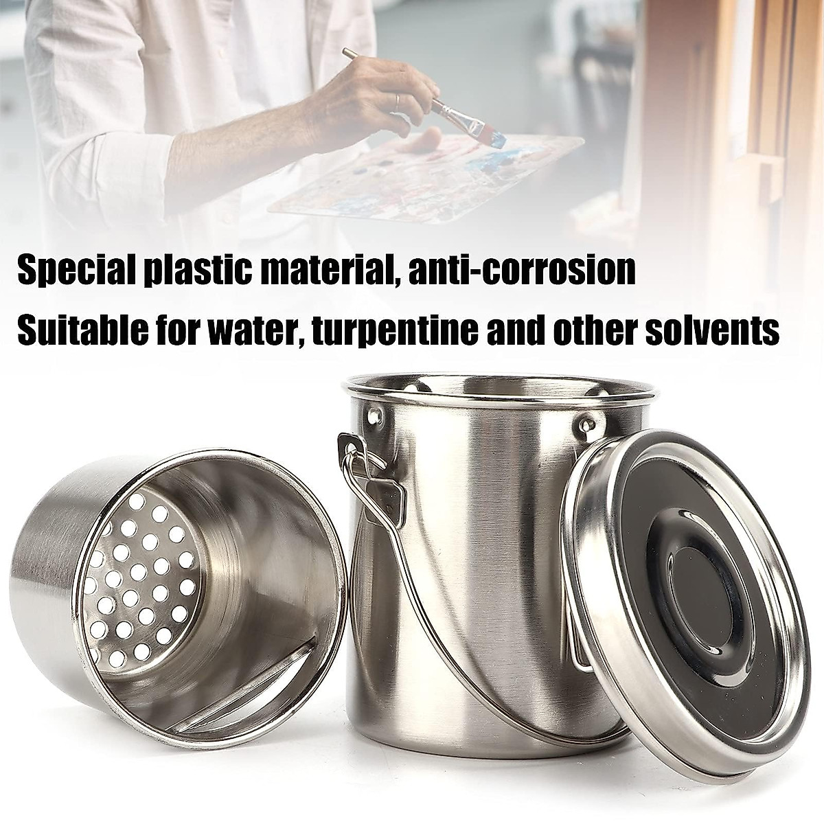 Paint Brush Washer, Stainless Steel Paint Brush Cleaner with Double Dipper Container Cup Paint Brush Holder Paint Brush Cleaner Rinse Cup