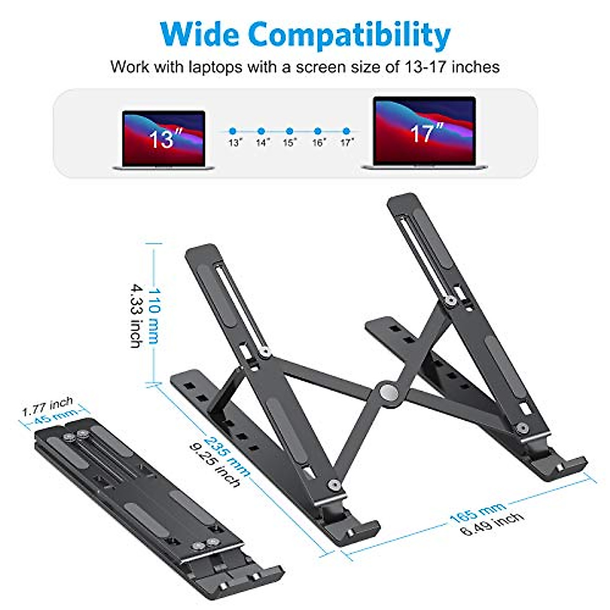 OMOTON Laptop Stand, Adjustable Laptop Stand for Desk, Portable Foldable Laptop Holder, Aluminum Laptop Cradle, Compatible MacBook Air, MacBook Pro, HP, Dell, Lenovo More (Up to 16 inch) (Black)