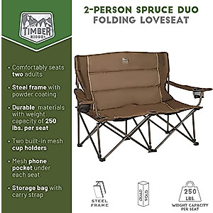 TIMBER RIDGE 2 Person Folding Loveseat Comfortable Double Foldable Camping Chair Folding Lawn Chairs for Outside, Earth Brown