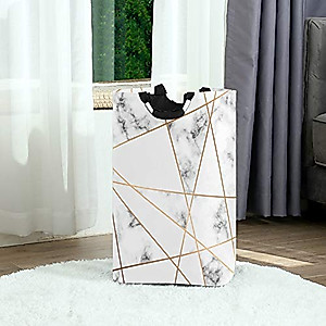 ALAZA Large Laundry Basket White Marble with Gold Geometric Lines Laundry Bag Hamper Collapsible Oxford Cloth Stylish Home Storage Bin with Handles, 22.7 Inch