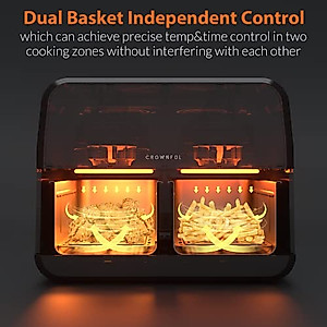 CROWNFUL 8 Quart 8 in 1 Dual Basket Air Fryer with Independent Temperature Control(50+ Recipes), Dual Cook, Sync Finish and Shake Reminder Function, Dehydrate, 1700W, Black
