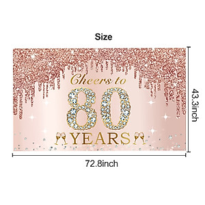 Large Cheers to 80 Years Birthday Decorations for Women, Pink Rose Gold Happy 80th Birthday Banner Backdrop Party Supplies, Eighty Birthday Poster Background Sign Decor