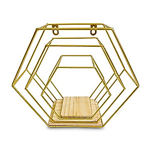 Wall Mounted Floating Hexagon Shelves, Metal Framed Gold Shelves with Wood Based in Modern Chic Style, for Wall Storage & Display in Living Room Or Bedroom, Set of 3 Size (Large, Medium & Small)