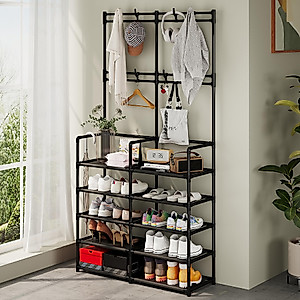 UDEAR 5-Tier Coat and Shoe Rack, Entryway Coat Rack with 8 Hooks, Double Row Shoes Organizer for Living Room, Bedroom, Office, Black