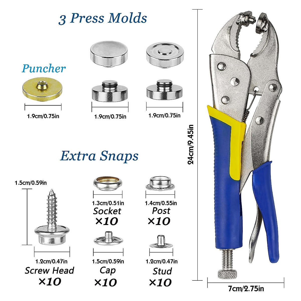 YZS Snap Button Kit Tool【Upgraded 3 Dies】- Heavy Duty Snap Fastener Tool, Includes 10Sets 15mm Metal Snap Buttons, Snap Tool for Replacing or Repairing Snaps on Boat Cover, Canvas, Leather, Fabric