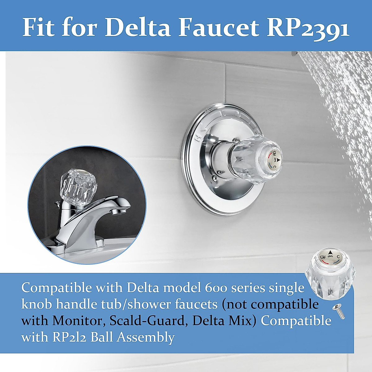 RP2391 Single Shower Knob Replacement for Delta Faucet, Single Clear Knob Handle Kit with Set Screw and Button Fit for Delta 600 Series Tub/Shower Faucet