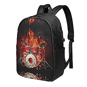 AMRANDOM School Backpack Book Bag Rock Roll Drums Flame Drummer Skull Supplies For College Students Travel Laptop Backpack With One Size