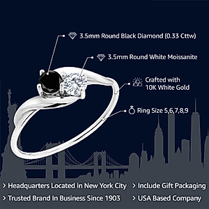 Gem Stone King 10K White Gold Black Diamond and White Moissanite 2-Stone Engagement Ring For Women (0.33 Cttw, Round 3.5MM, Available In Size 5, 6, 7, 8, 9)