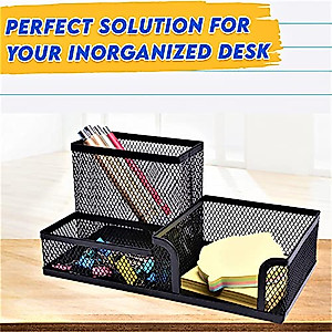 SAWYBISH 2 Pack 3 in 1 Mesh Pen Holder for Desk, 3 Compartments Pencil Holder Desk Organizer Caddy with Sticky Notes Holder Easy Storage Suitable for Home, Office and School