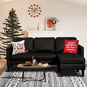 MAGIC UNION PU Leather Convertible Sectional Couch Sofa, Grey L-Shape Sectional Sofa with Chaise Reversible, 3-Seat Modern Linen Fabric Small Couches for Living Room (Black)