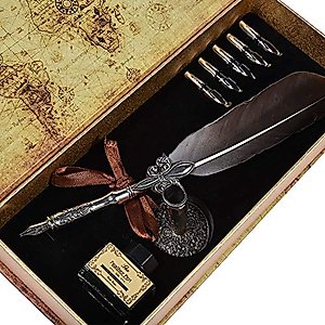 AIVN Calligraphy Pen - Antique Feather Quill with 17 nibs - Writing Case with Black Ink