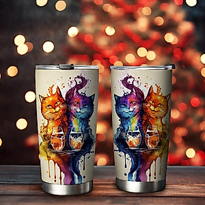 20oz Colorful Painting Cat Tumbler, Gifts for Cat Lovers, Coffee Thermos for Women, Men, Stainless Steel Double Wall Vacuum Insulated Coffee Mug, Travel Cup with Lid