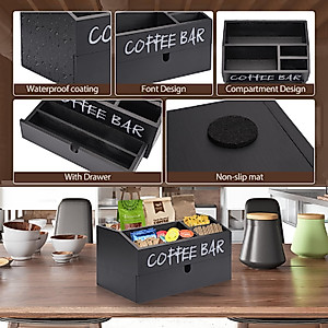 Alliecoin Coffee Station Organizer, Wood Coffee Bar Organizer for Countertop with Drawer, K Cup Coffee Bar Condiment Organizer, Coffee Pod Holder for Decor (30x20x16cm) - Black