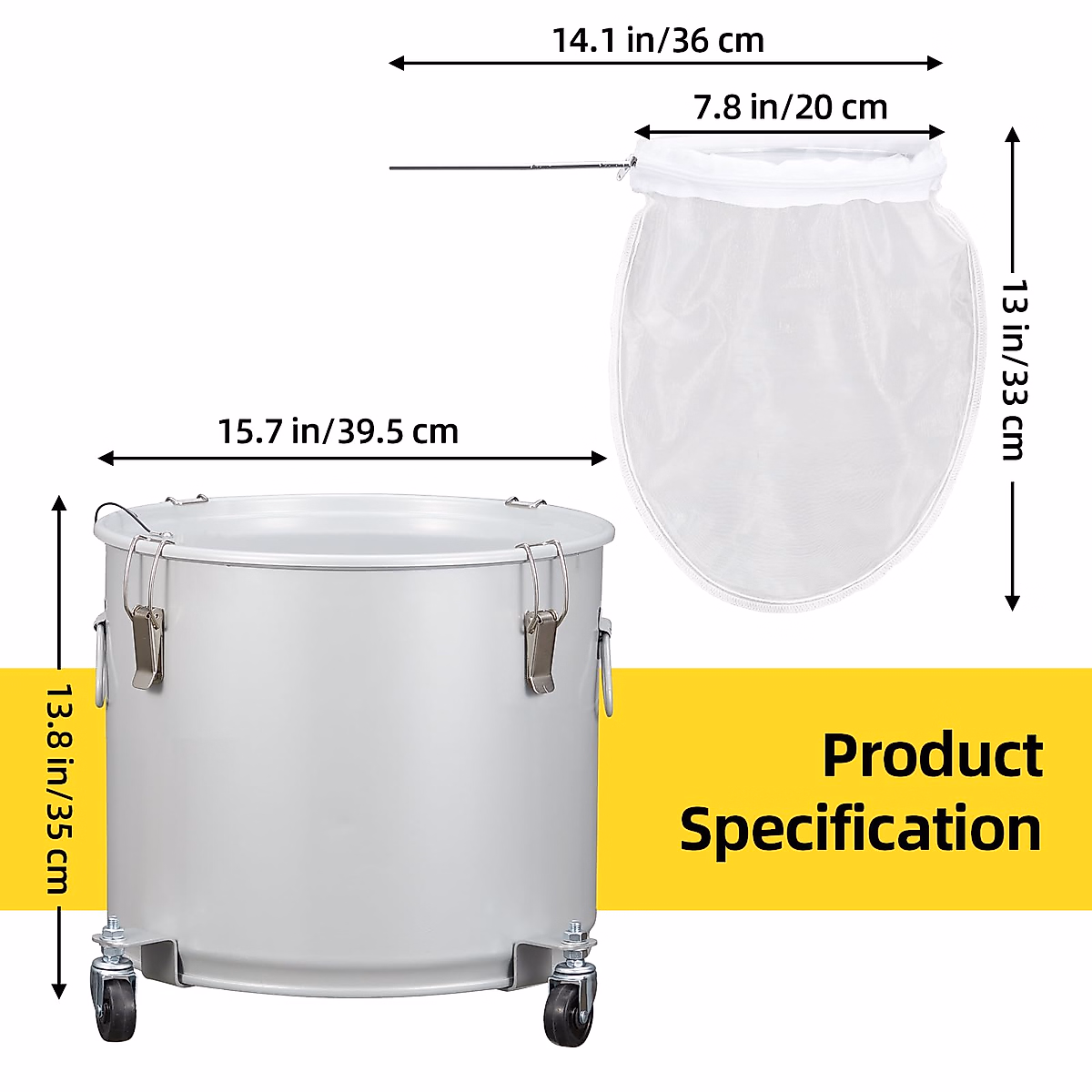 PioneerWorks Fryer Grease Bucket 10 Gal, Coated Carbon Steel Oil Filter Pot with Caster Base, Oil Disposal Caddy, Transport Container with Lid Lock Clip Nylon Filter Bag, Silver