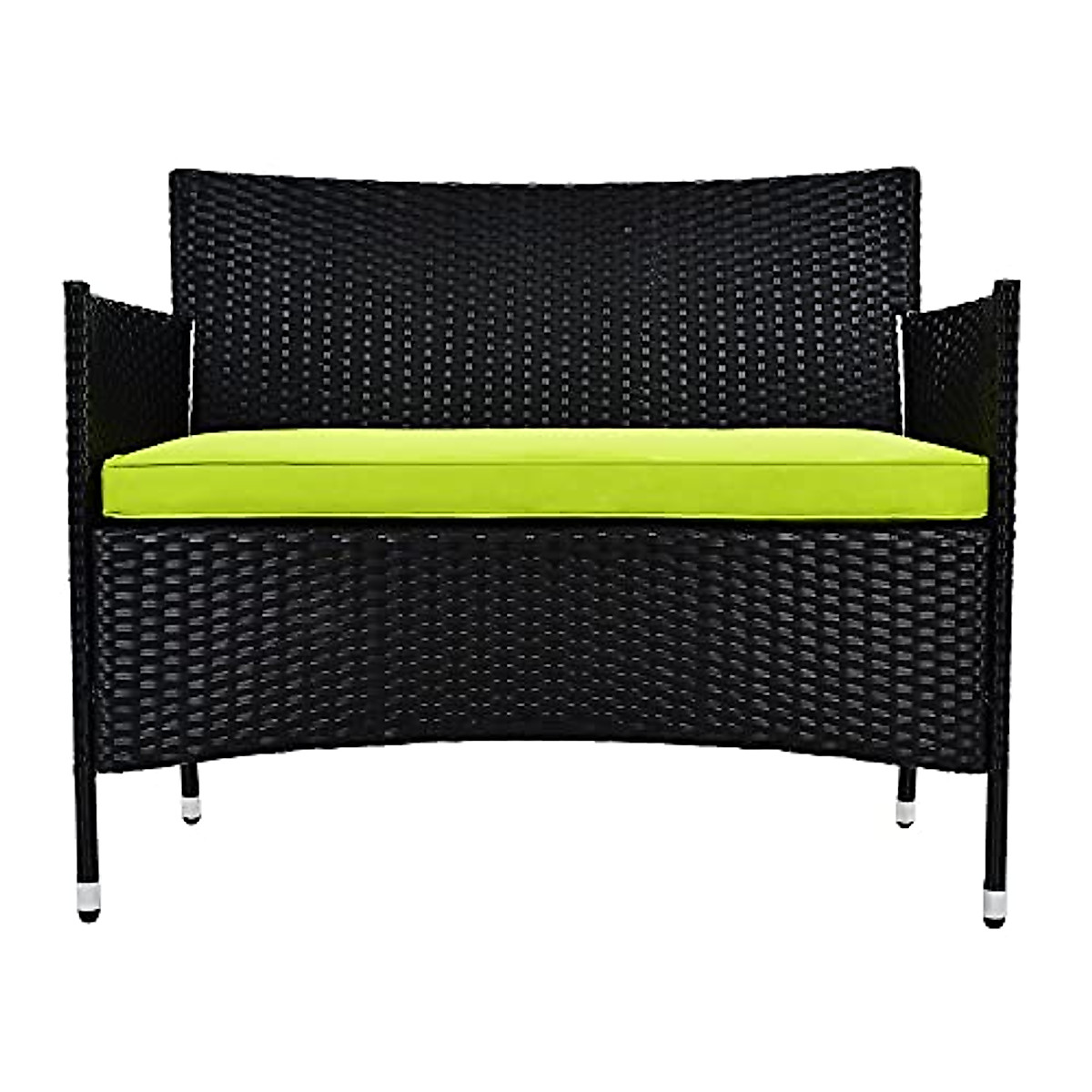 SAWQF 4PCS Patio Furniture Outdoor Garden Conversation Set Black Wicker 2 Armchairs+1 Double Sofa+1 Table w/Green Cushion