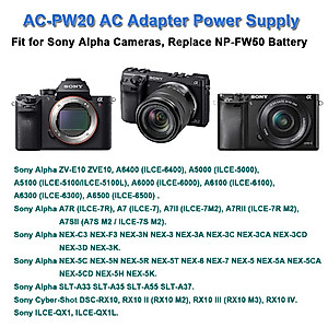 TKDY AC-PW20 Continuous Power Adapter NP-FW50 ZV-E10 Dummy Battery for Sony Alpha ZVE10 A6400 A6000 A6100 A5100 A7 A7II Cameras.
