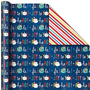 Hallmark Reversible Christmas Wrapping Paper for Kids (3 Rolls: 120 Sq. Ft. Total) Snowmen, Stripes, Trees, Skiing Santa, Zebras, Hedgehogs, Penguins